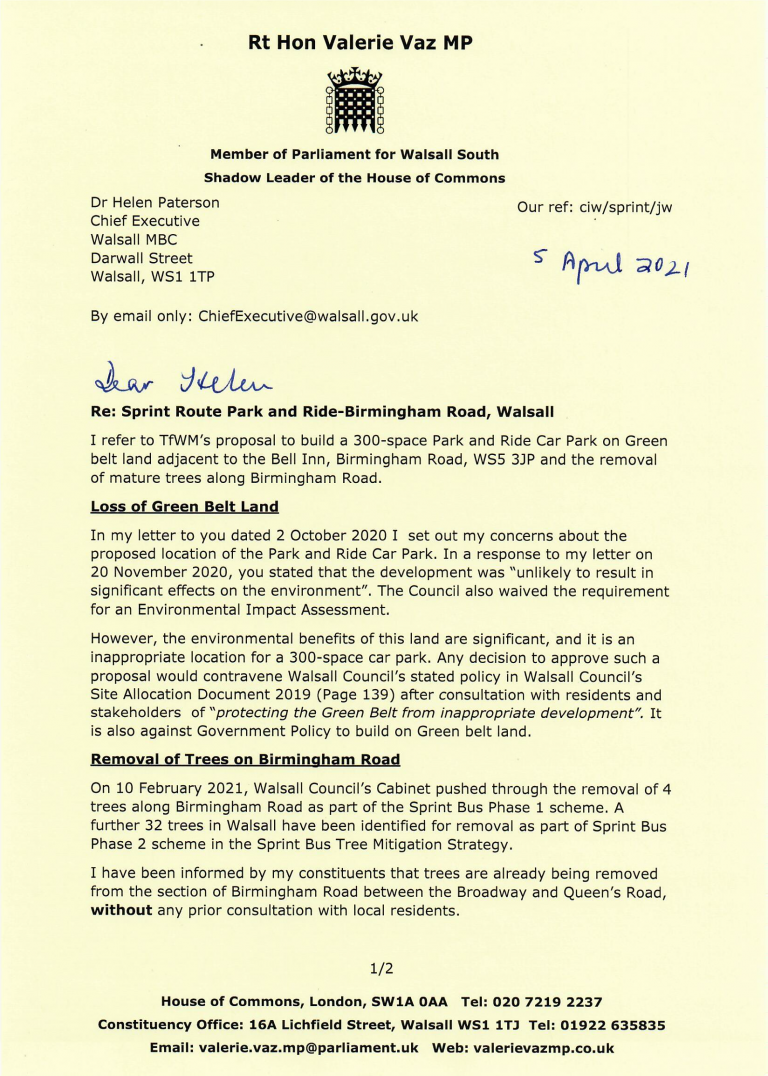 Update on the Sprint Route: My letter to Walsall Council - Valerie Vaz MP